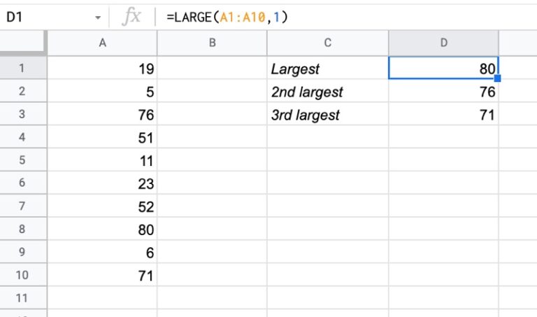 The LARGE Function In Google Sheets