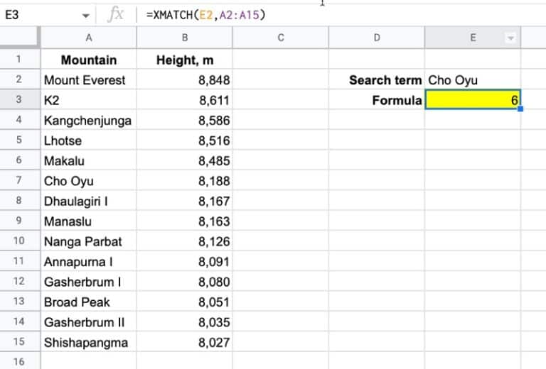 XMATCH Function in Google Sheets
